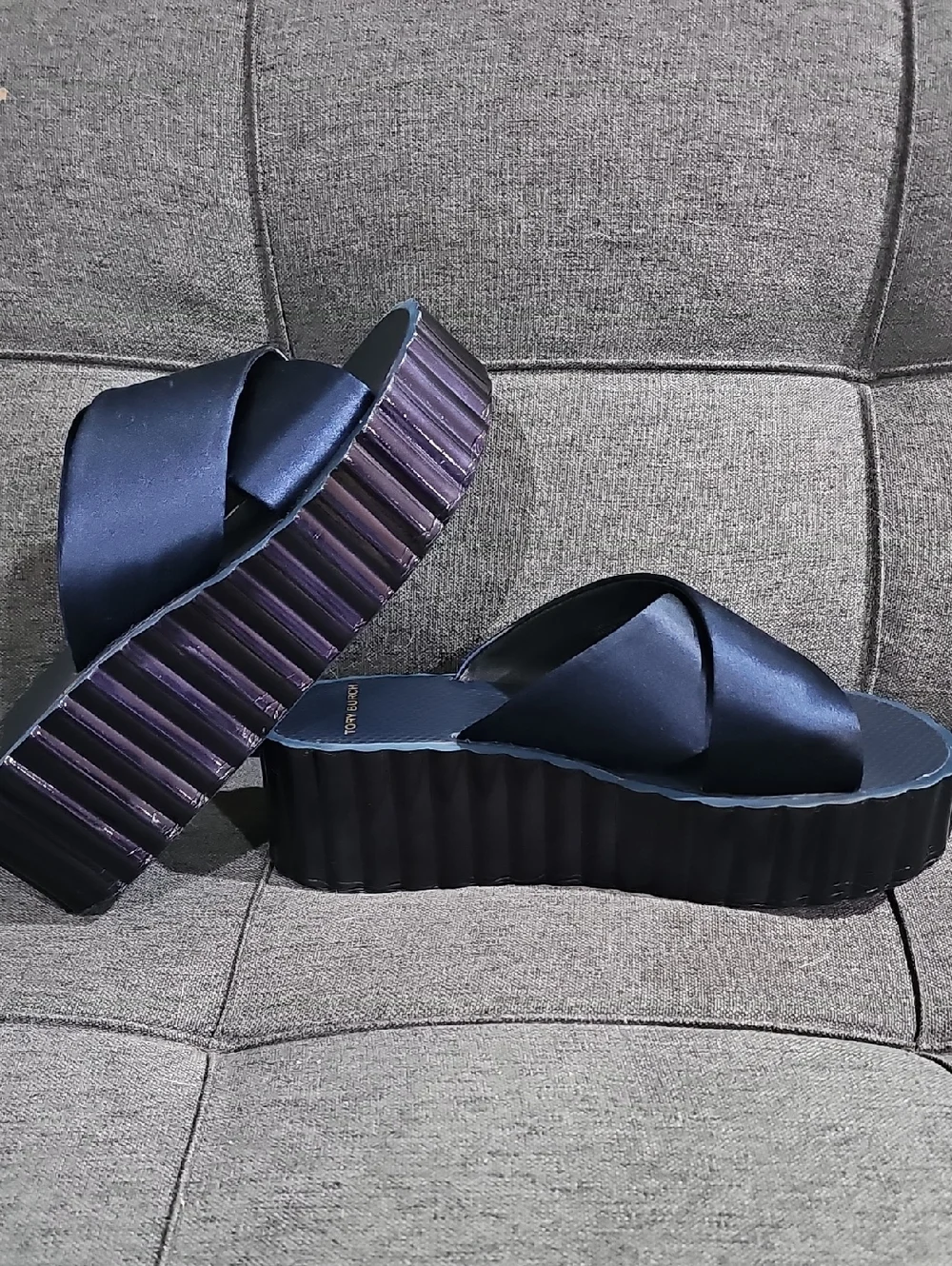 Tory Burch | Shoes | Tory Burch Navy Satin Crossband Slides With Gold ...